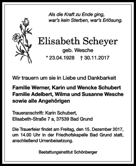 Traueranzeigen Von Elisabeth Scheyer Harztrauerde