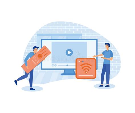 Tiny People Watch Video With Remote Control And Television Multimedia Box Stock Vector