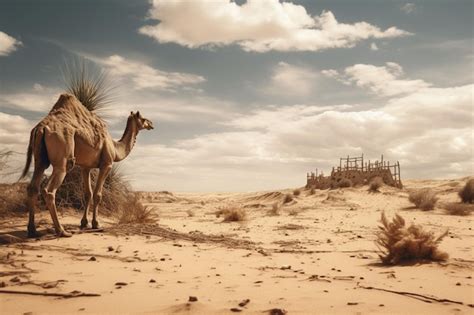 Premium Photo Desert Landscape With A Camel And Some Cactus Trees