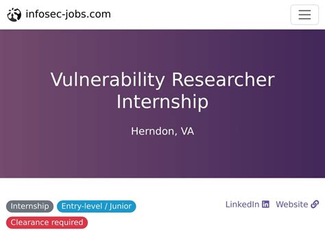 Hiring Internship Vulnerability Researcher Internship In Herndon Va Rinfosecjobs
