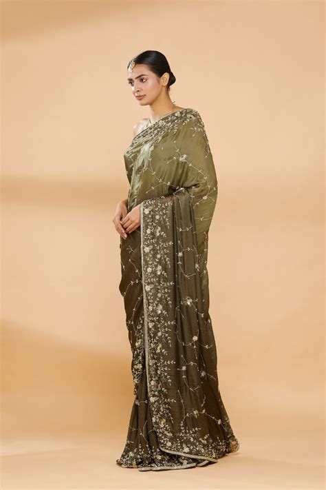 Buy Olive Green Ombre Embroidered Saree For Women Online