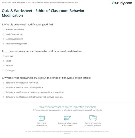 Quiz And Worksheet Ethics Of Classroom Behavior Modification