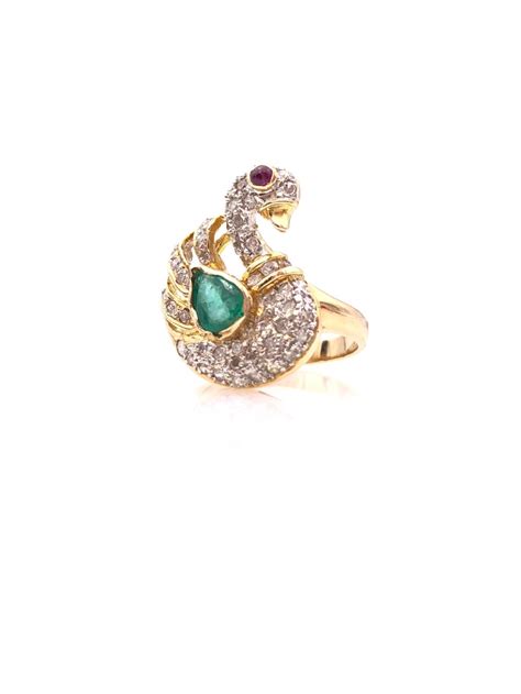 Lot 14k Gold Emerald Ruby Diamond Swan Ring