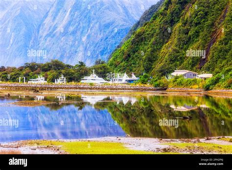 Milford Sound Town And Fjord In South Island Of New Zealand Wharf And