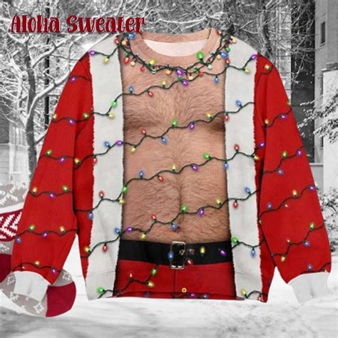 Funny Hairy Chest Santa Ugly Christmas Sweater Aloha Ugly Christmas