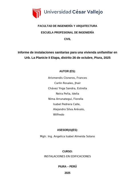 Informe De Instalaciones En Edificaciones Pdf Agua Agua Potable