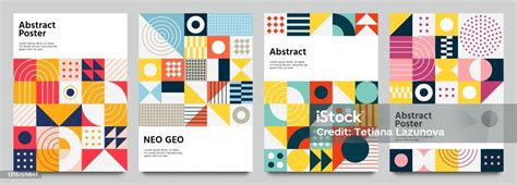 컬러 네오 지오 포스터 기하학적 모양 지오메트리 그래픽 및 추상 배경 벡터 세트가있는 현대적인 그리드 전단지 양식 문서에 대한