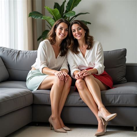 Two Beautiful Mature Women Sitting On A Sofa Short Pleated Skirts High