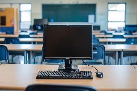 High School Computer Classroom Setup With Monitors And Desks Premium