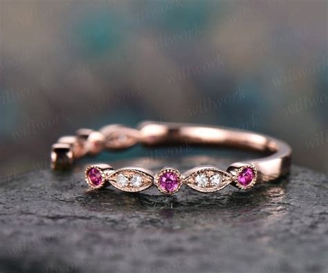 Natural Ruby Diamond Wedding Band 14k Rose Gold Real Diamond Stacking