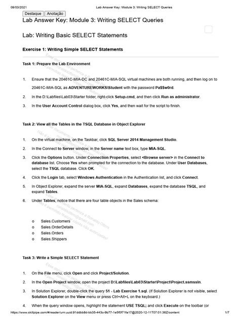 Lab Answer Key Module 3 Writing Select Queries Pdf Databases Sql