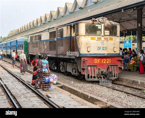Passenger Train And Passengers Waiting At Yangon Central The Main