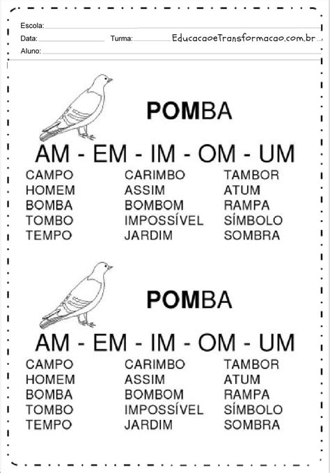 Fichas De Leitura Sílabas Complexas Am Em Im Om Um