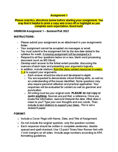 Hrmn 300 Assignment 1 Instructions Summer Fall 2022 Assignment 1