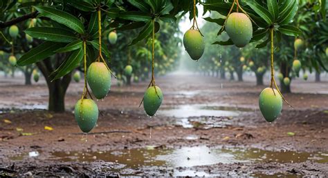 Mango Orchard Scene Lush Green Mangoes Hanging From Branches In A Rainy