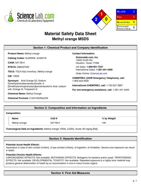 Msds Methyl Orange Pdf Pdf Toxicity Solubility