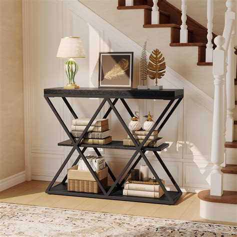 3 Tier Industrial Entryway Console Table X Shaped Metal Frame And Open