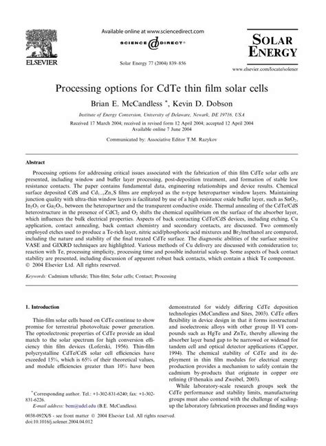 Pdf Processing Options For Cdte Thin Film Solar Cells Dokumen Tips