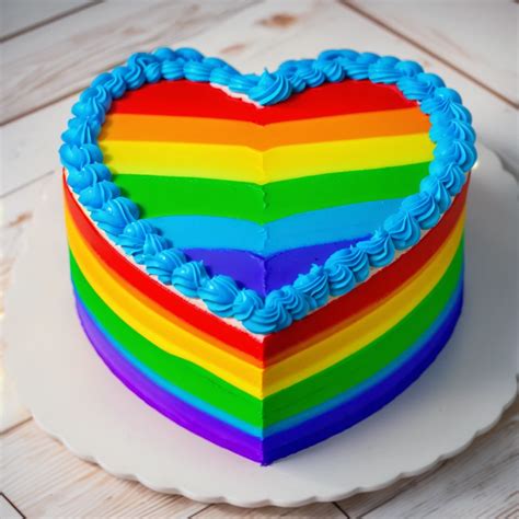 On A Wooden Table Worth A Heart Shaped Cake Rainbow Gradient Cream