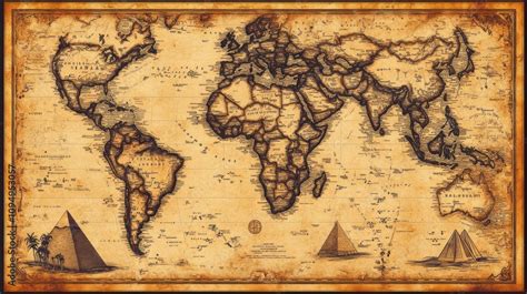 Antique World Map Showing Continents Countries And Pyramids Stock