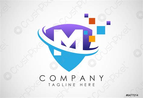 English Alphabet M With Shield Swoosh And Data Pixel Creative Stock