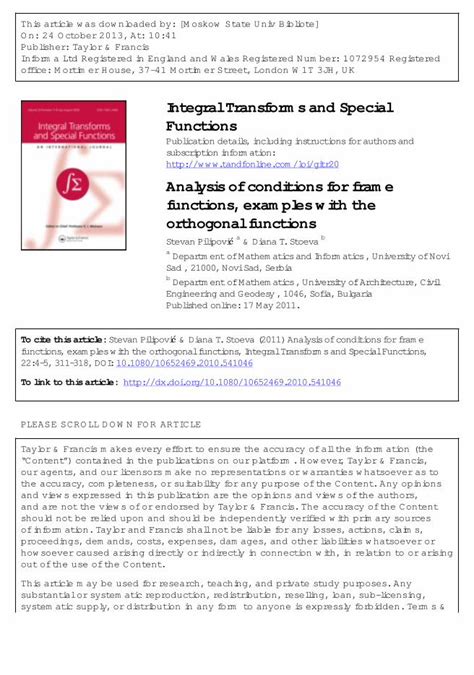 Pdf Analysis Of Conditions For Frame Functions Examples With The Orthogonal Functions