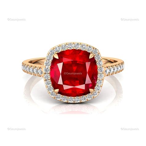 Cushion Shape Ruby Gemstone Halo Diamond Half Eternity Gold Engagement