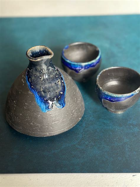 Handmade Ceramic Blue Volcano Set 3 Piece Sake Set The Urban Kiln