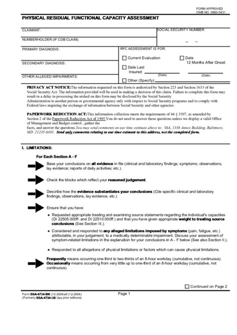 Form Ssa 4734 Bk Physical Residual Functional Capacity Assessment