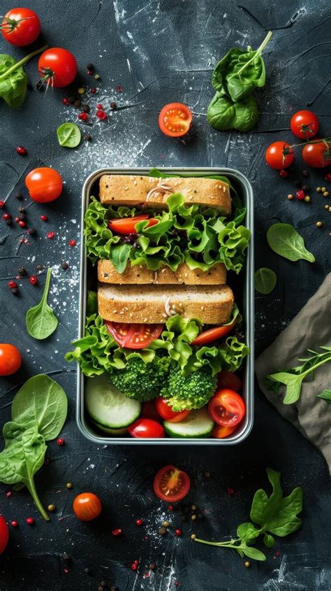 Healthy Lunch Box With Sandwich And Vegetables On Office Table In A