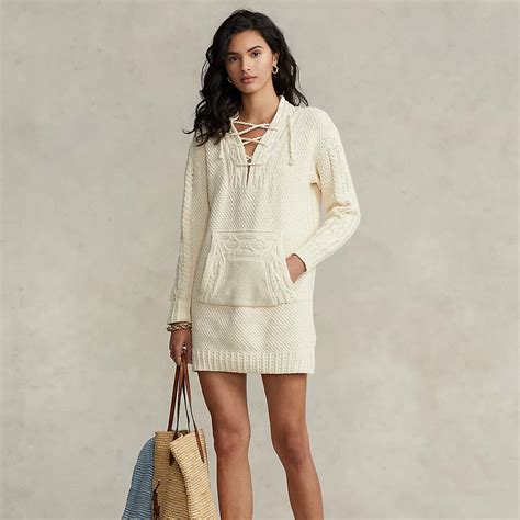 Polo Ralph Lauren Cable Knit Lace Up Sweater Dress In Andover Cream