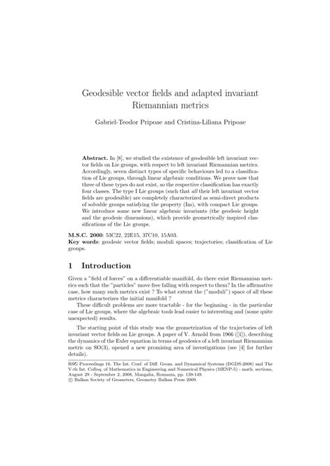 Pdf Geodesible Vector Fields And Adapted Invariant Riemannian Metrics