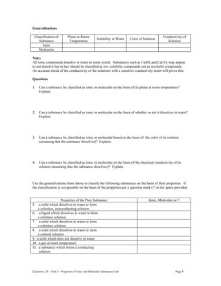 Properties Of Ionic And Molecular Lab 2007 DOC