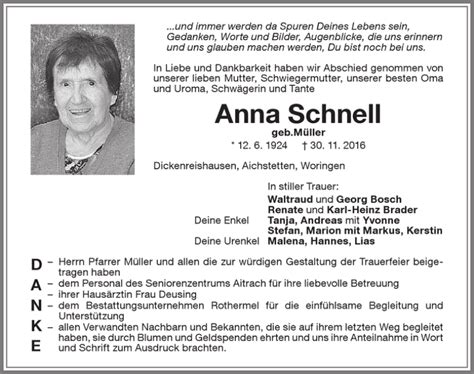 Traueranzeigen Von Anna Schnell Augsburger Allgemeine Zeitung