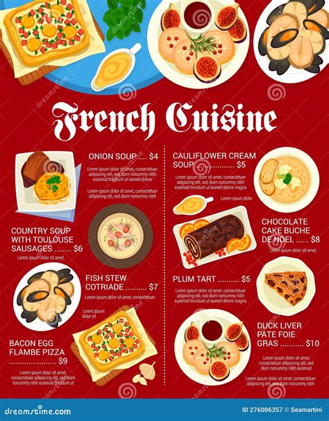 Menú De Cocina Francesa Comida Francesa Platos Gourmet Ilustración Del