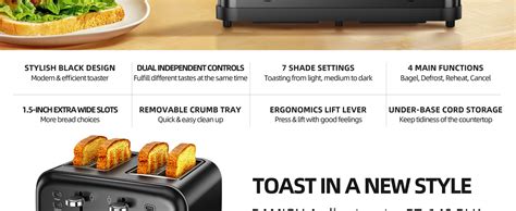 Ramjoy Black Toaster 4 Slice Dual Independent Controls Extra Wide