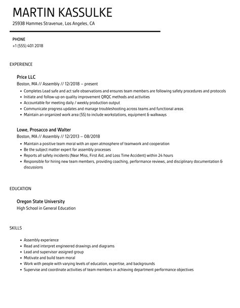 Assembly Resume Samples Velvet Jobs