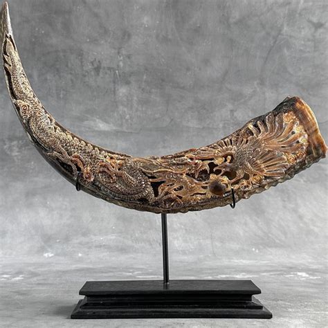 Carving No Reserve Price Finely Engraved Large Horn Of A Water Buffalo On A Custom Stand