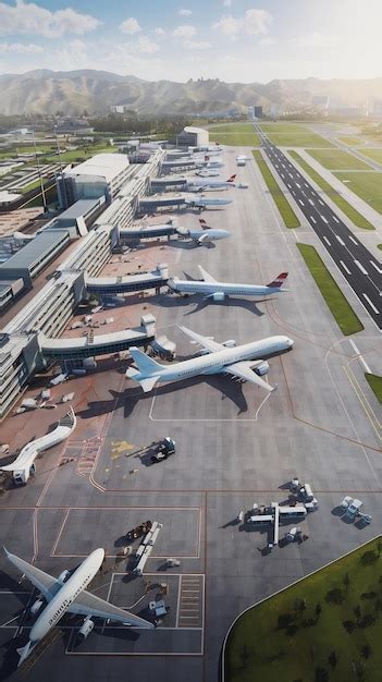 Aerial View Of A 3d Commercial Airport Render With Airplanes Passenger Terminals Runway And