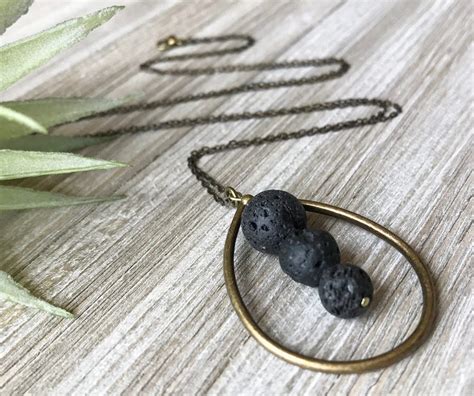 Black Lava Stone Diffuser Pendant Necklace Long Necklace Etsy