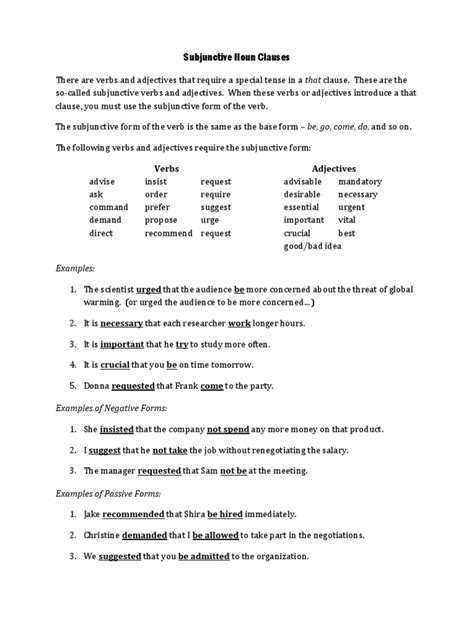 Subjunctive Noun Clauses Verbs Adjectives Pdf Verb Adjective