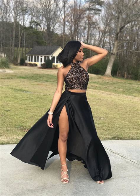 Lace Crop Top Black Satin Slit Dua Potong Gaun Prom Lunss