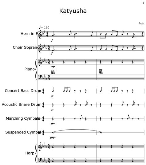 Katyusha Sheet Music For Horn In D Choir Soprano Piano Concert Bass Drum Acoustic Snare