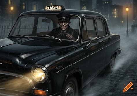 A Creepy Pale Faced Cab Driver With A Wide Grin Drives A Black Vintage