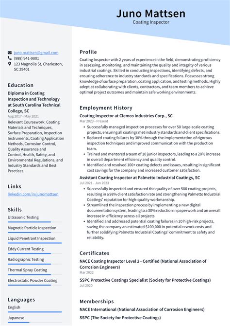 Coating Inspector Resume Examples And Templates Resumecat
