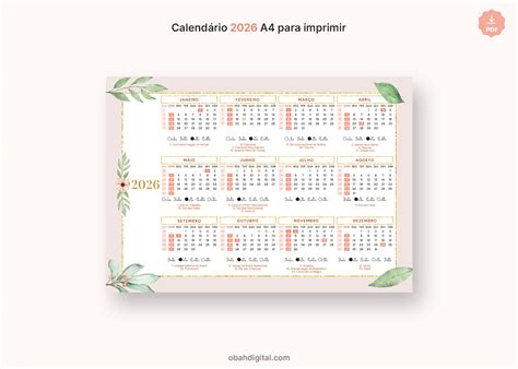 Calendário 2026 Para Imprimir A4 Obah Digital