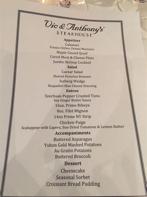 Menu At Vic And Anthonys Steakhouse Atlantic City 600 Huron Ave