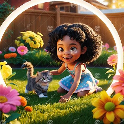 Cheerful Girl And Fluffy Kitty 3d Render In Sunny Backyard Stock
