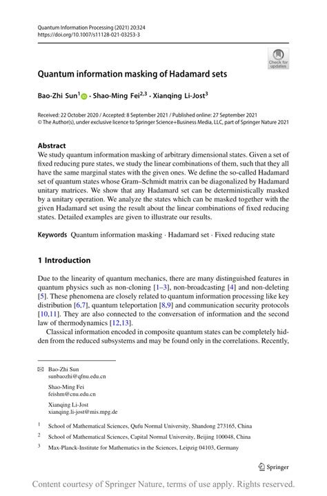 Quantum Information Masking Of Hadamard Sets Request Pdf