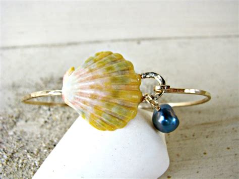 Sunrise Shell Gold Bangle Hawaii Pearl Shell Bangle Beachy Bangle